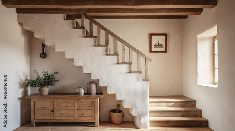 White plaster staircase and timber beams ceiling in farmhouse hallway ...