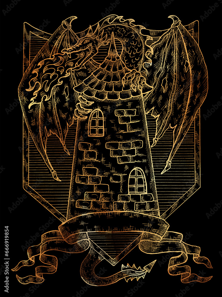 Golden coat of arms with dragon, tower and banner against black ...