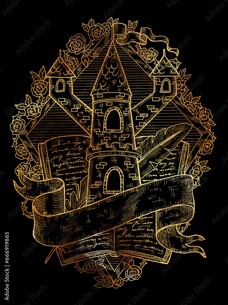 Golden coat of arms with old book, roses, tower and banner against ...