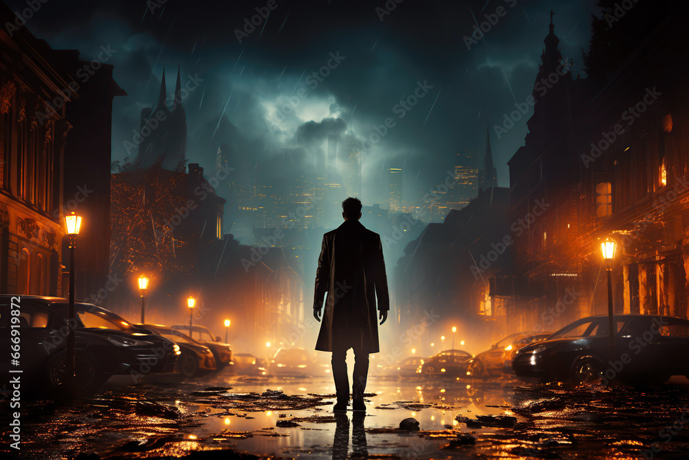 silhouette of back of a maniac detective in a coat on street in the ...