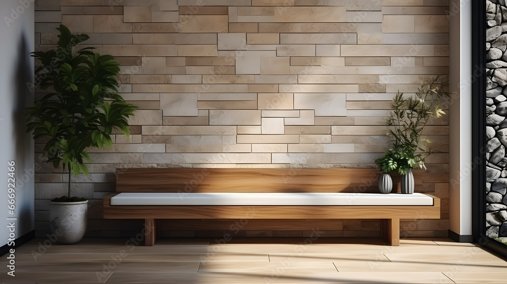 Wooden bench near marble stone wall and wood paneling in cozy hallway ...