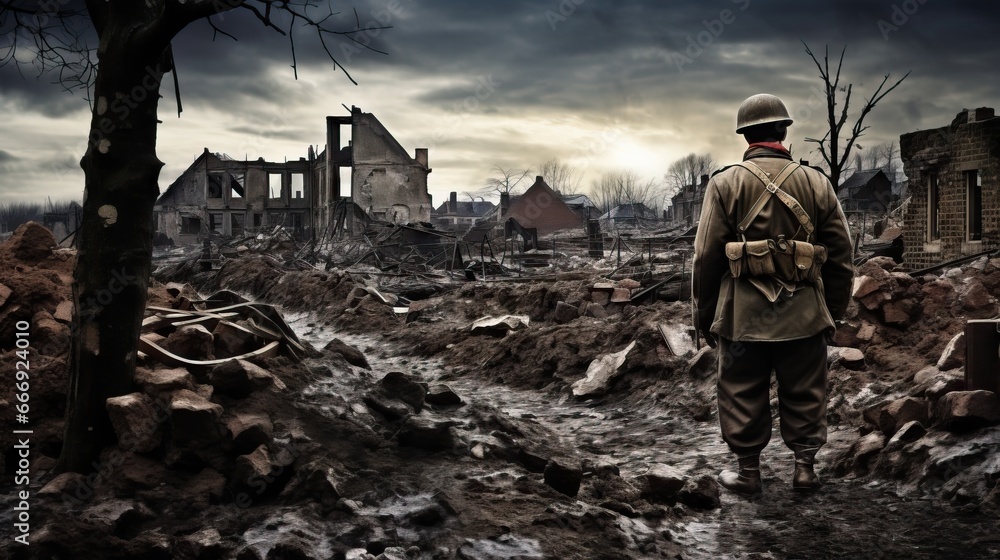 Epic back view of WW2 soldier on the battlefield in a destroyed ...