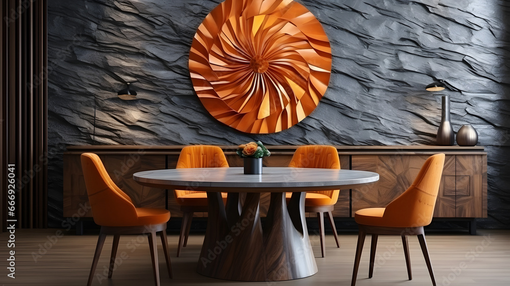 wooden round dining table and chairs against of stone 3d panel wall ...
