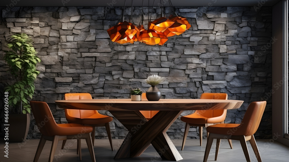 wooden round dining table and chairs against of stone 3d panel wall ...