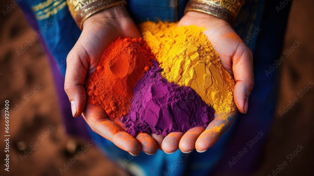 Two hands holding Holi color powder, Holi 2024, India Hindu festival ...