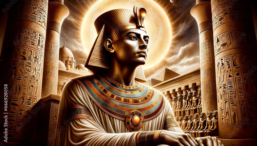 Historical portrait of Pharaoh Akhenaten in a contemplative pose, with ...