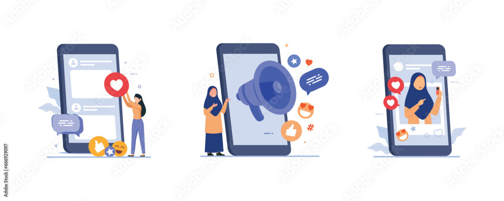 Social media communication concept showing people bringing likes and ...