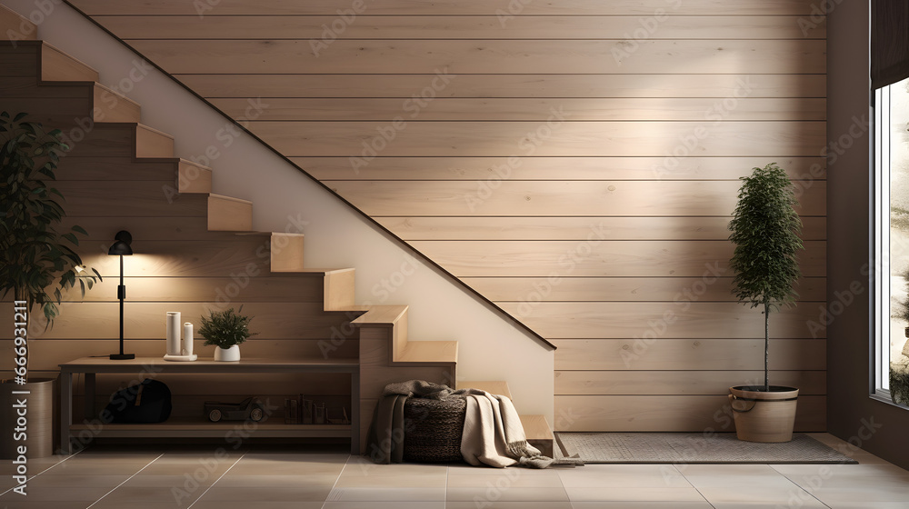Wooden staircase and lining paneling wall in minimalist style hallway ...