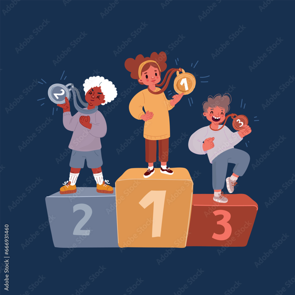 Cartoon vector illustration of happy cute kids win game gold trophy ...