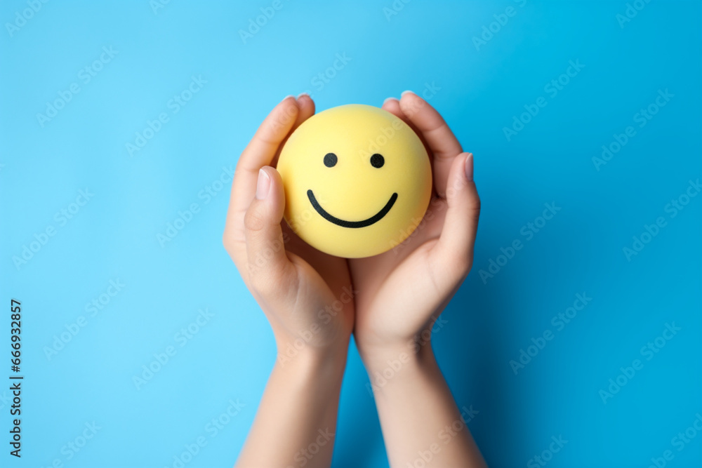 Hands holding blue happy smile face, good feedback rating, positive ...