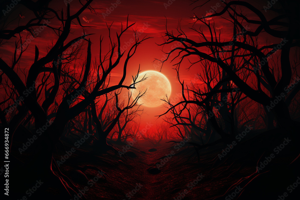 Halloween background, Spooky forest with silhouette dead trees and full ...