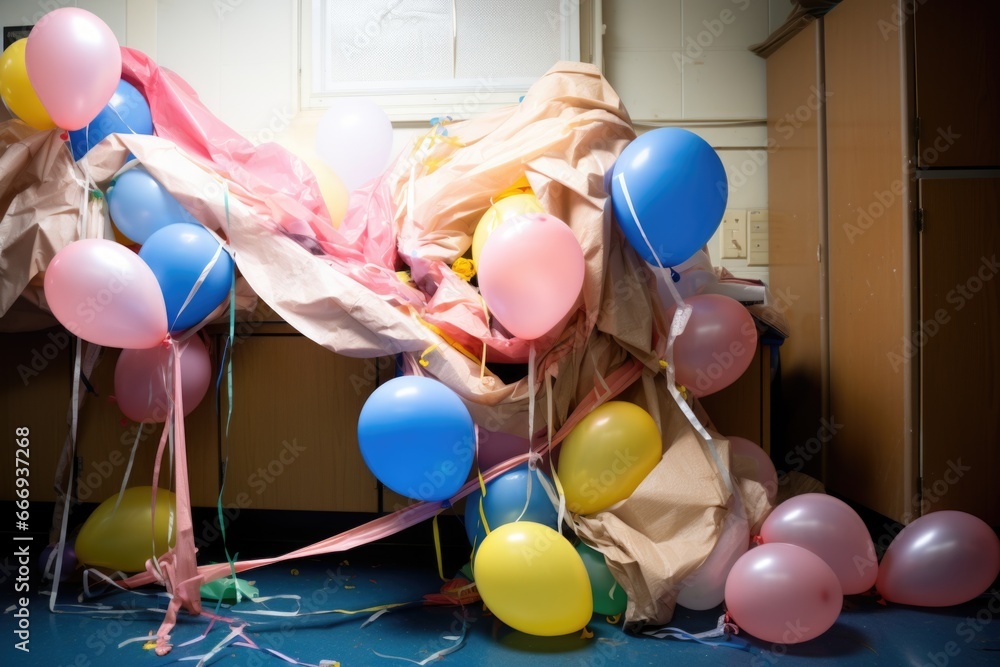 a cluster of balloons partially deflated and string-bound, thrown in a ...
