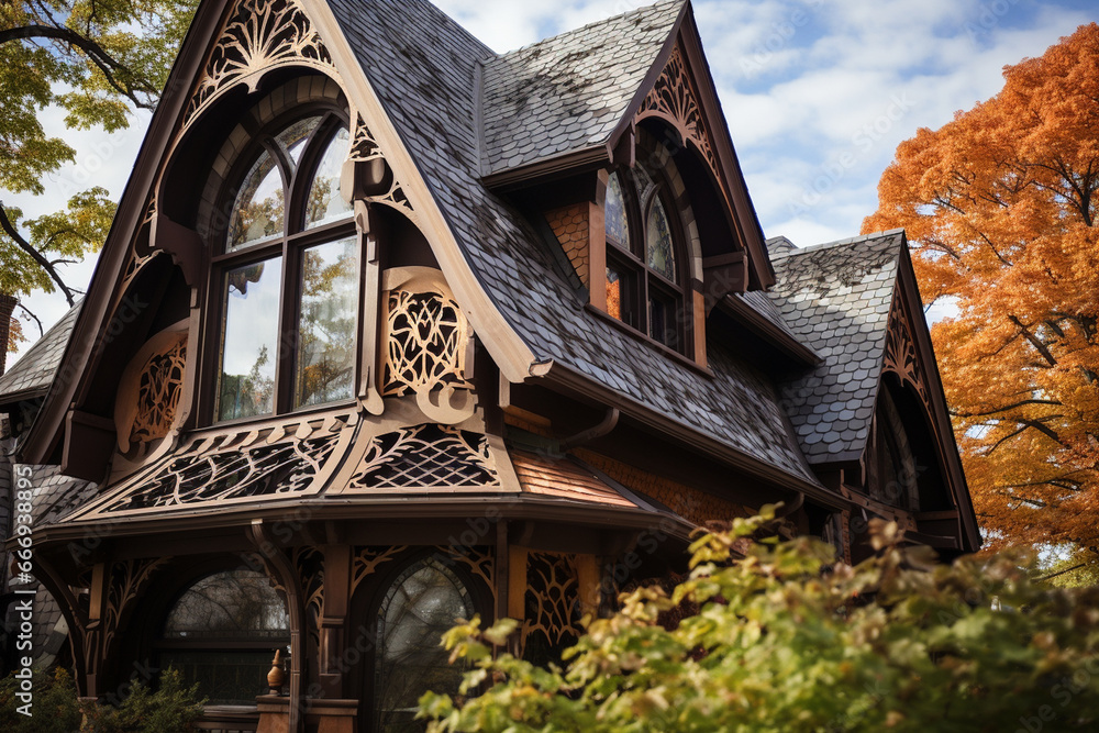 intricate details of a gable roof, focusing on its eaves, dormers, and ...