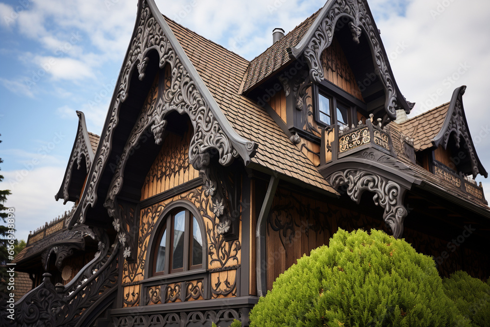 intricate details of a gable roof, focusing on its eaves, dormers, and ...