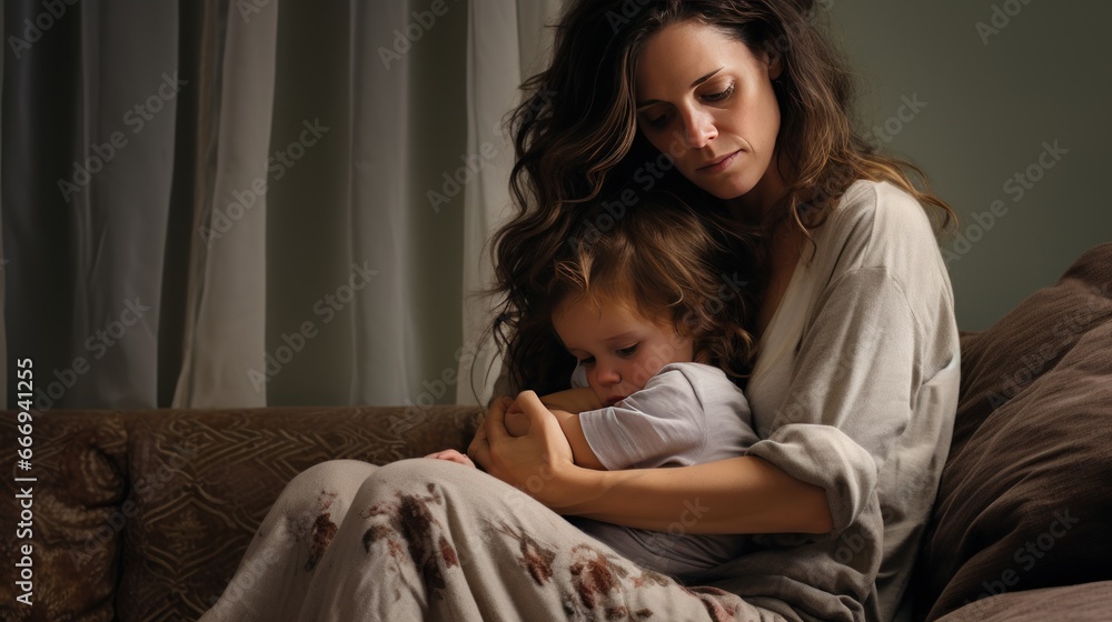 A frazzled mother and a somber child find solace in a shared moment of ...