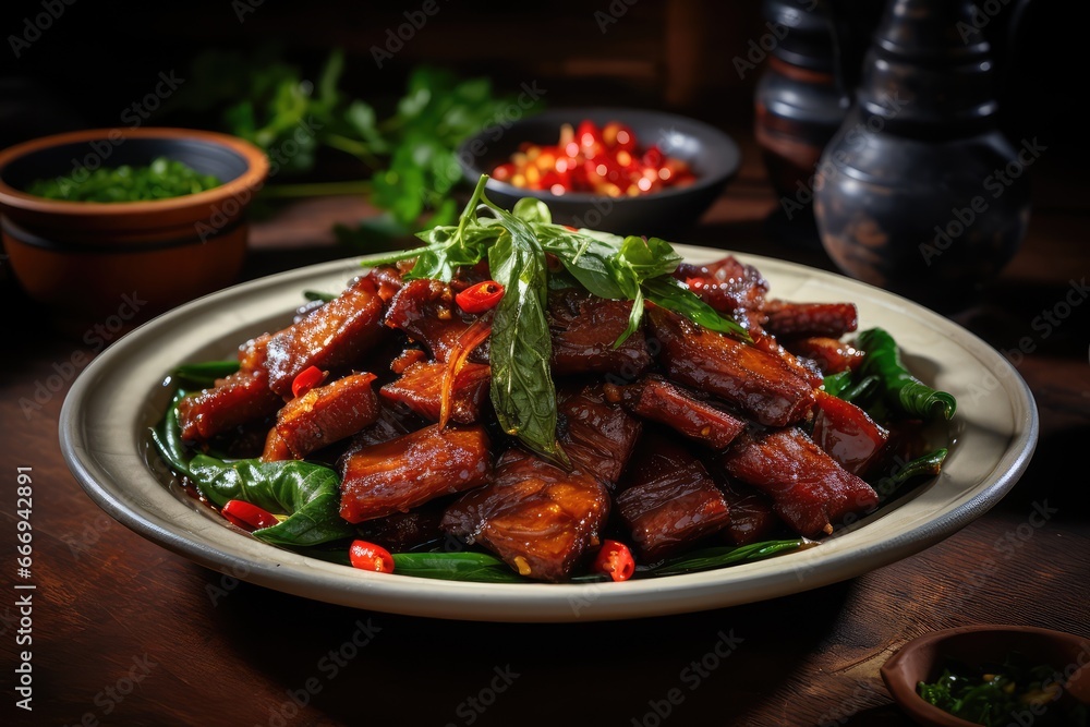 A plate of Pad Kra Pao Moo Grob with Nam Prik Ong, stir-fried holy ...