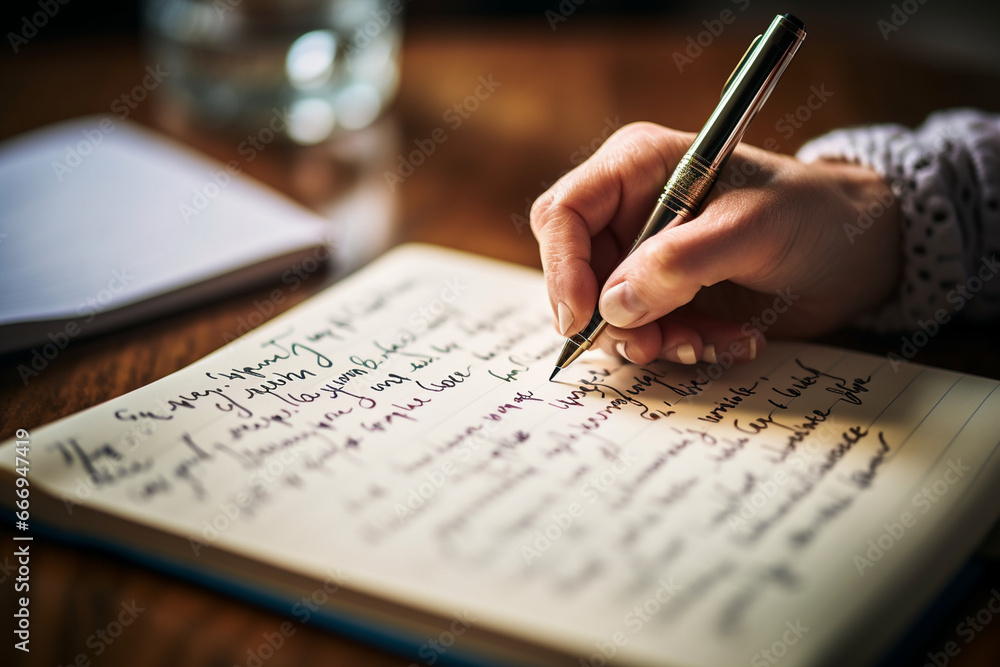 hand writing the words in cursive on a notepad, emphasizing the ...