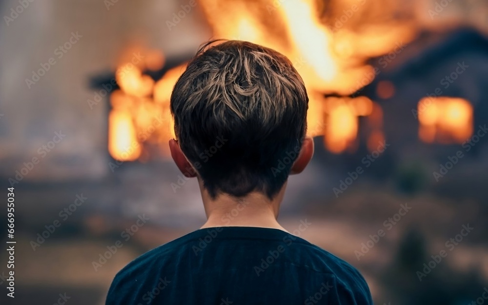A small boy gazes at the devastated building, capturing the emotional ...