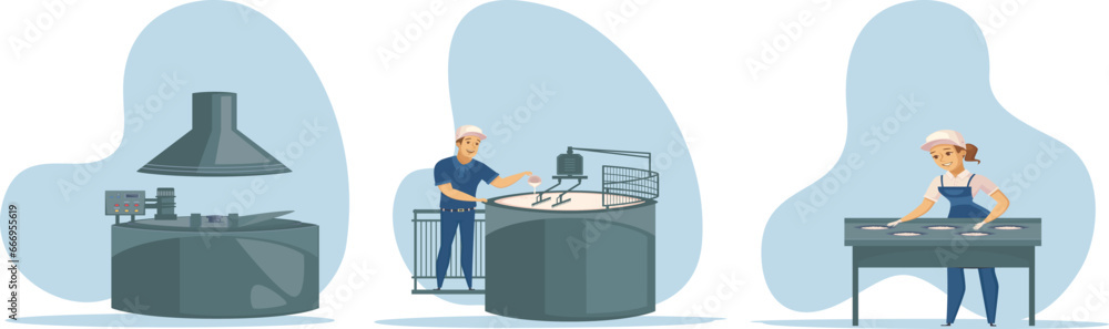 Dairy factory illustration set. Characters make facilities milking ...