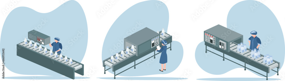 Dairy factory illustration set. Characters make facilities milking ...