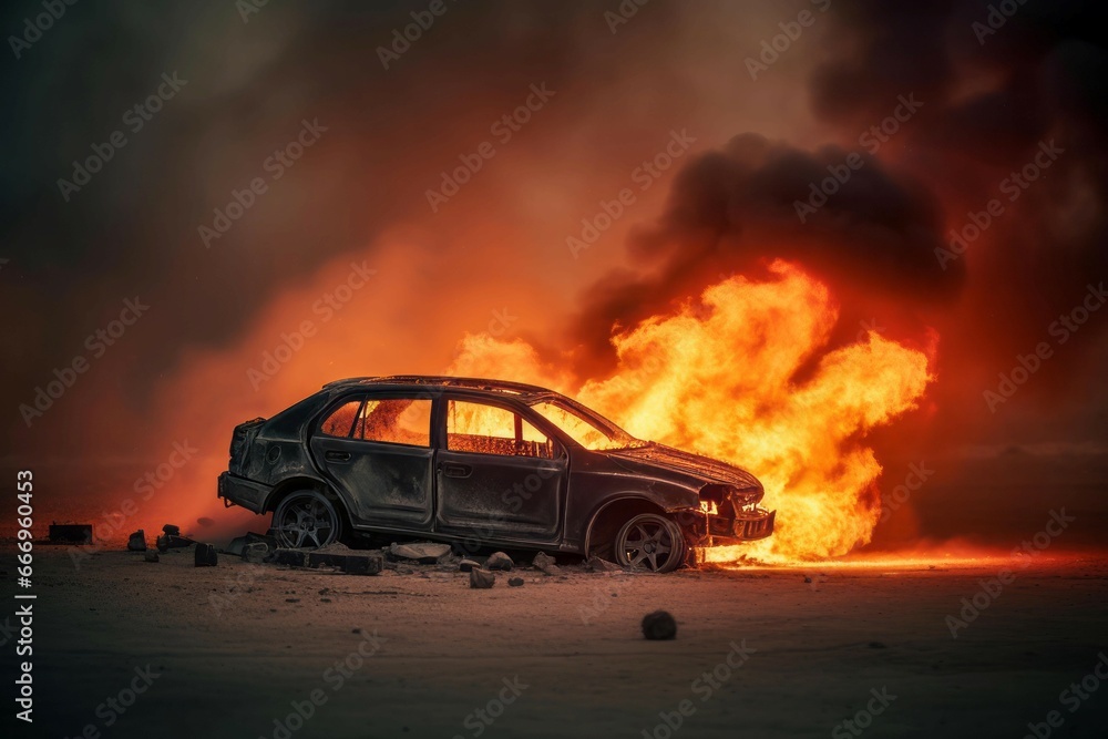 Scene of burning car. Dangerous accident with auto fire explosion ...