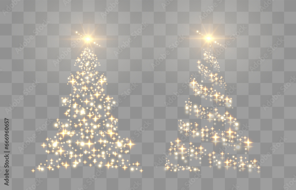 Set of shiny Christmas tree. Golden glowing spruce in a luxurious ...
