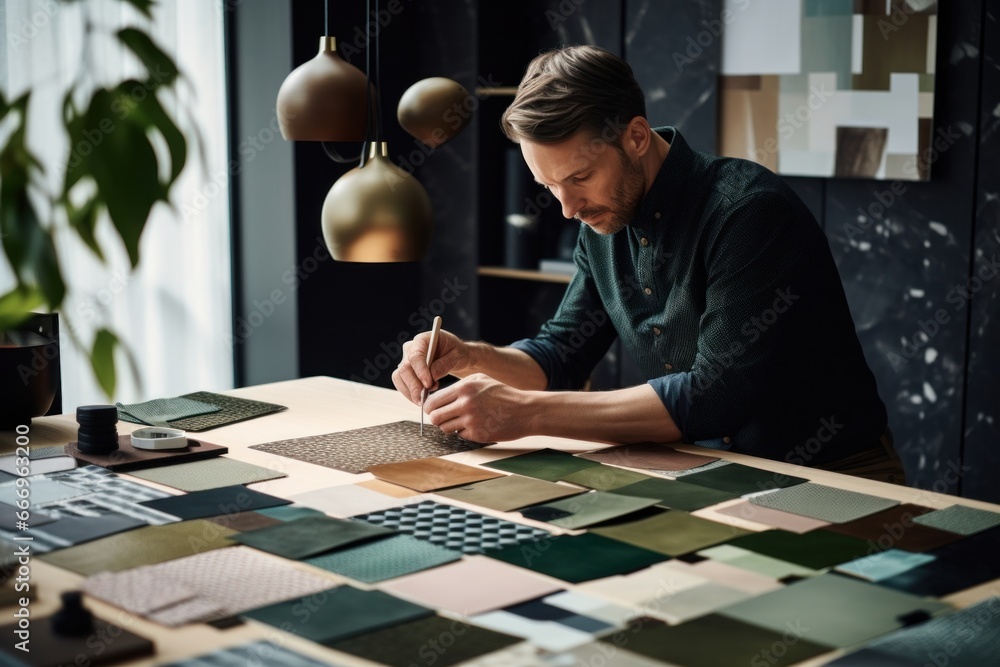 Frofessional Textile designer man working with textile and leather ...