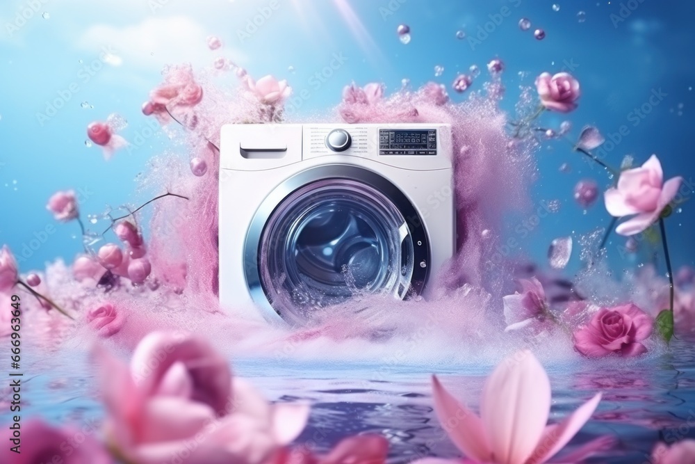 Aqua Bloom Laundry: Washing Machine with Lotus Flowers in Refreshing ...