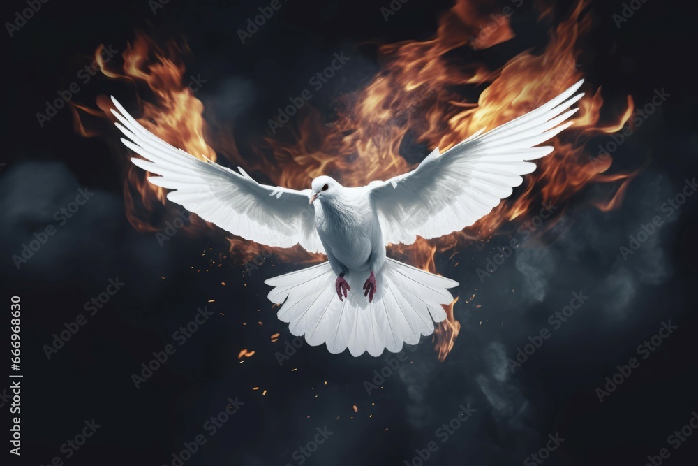 Fire effect from pigeon wings flight. Flying fantasy pigeon with ...
