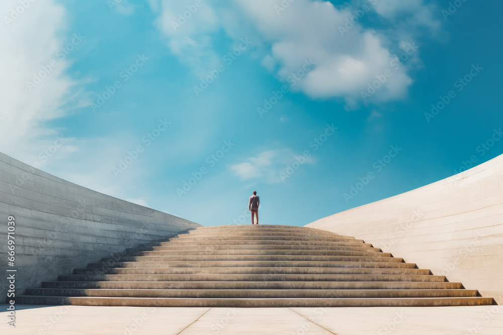 Ambitions concept. Businessman ascending stairs. Man in a suit climbing ...