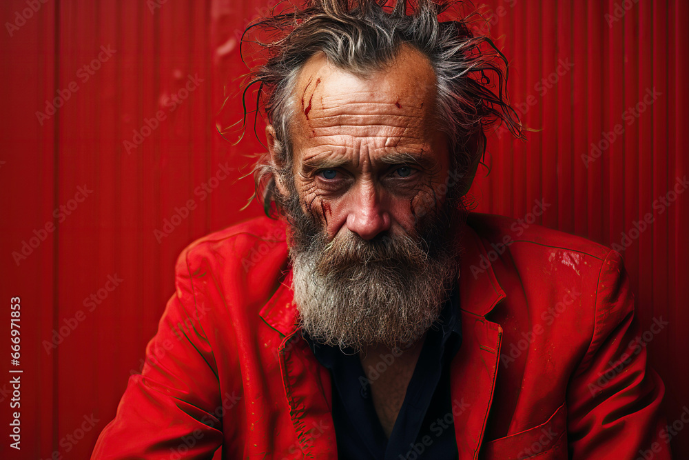 sad homeless elderly bearded man with bruises and blood on a bright red ...