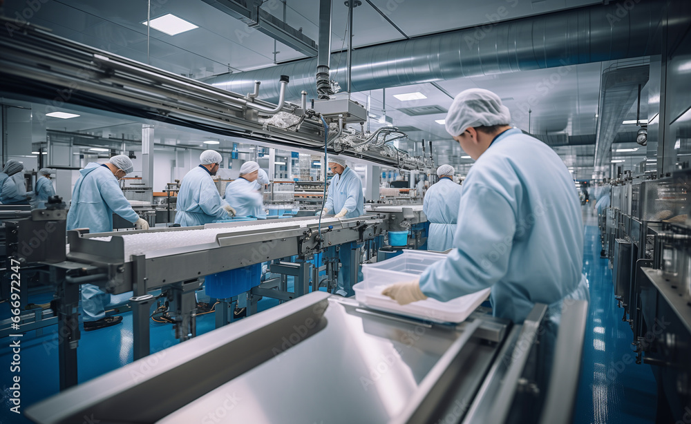 Assembly line of a food factory, process of transforming raw ...