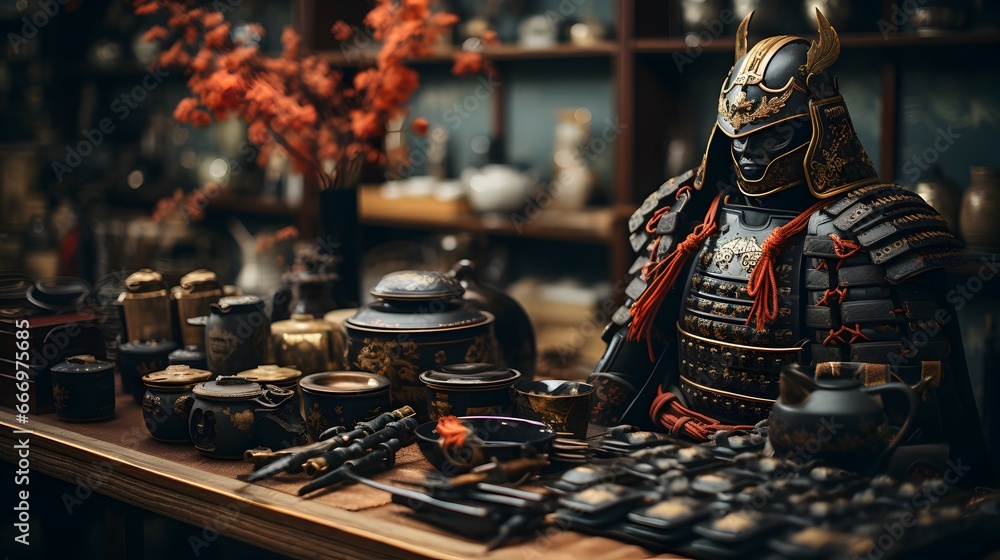 Suit Armor of Samurai display on the table with japanese background ...