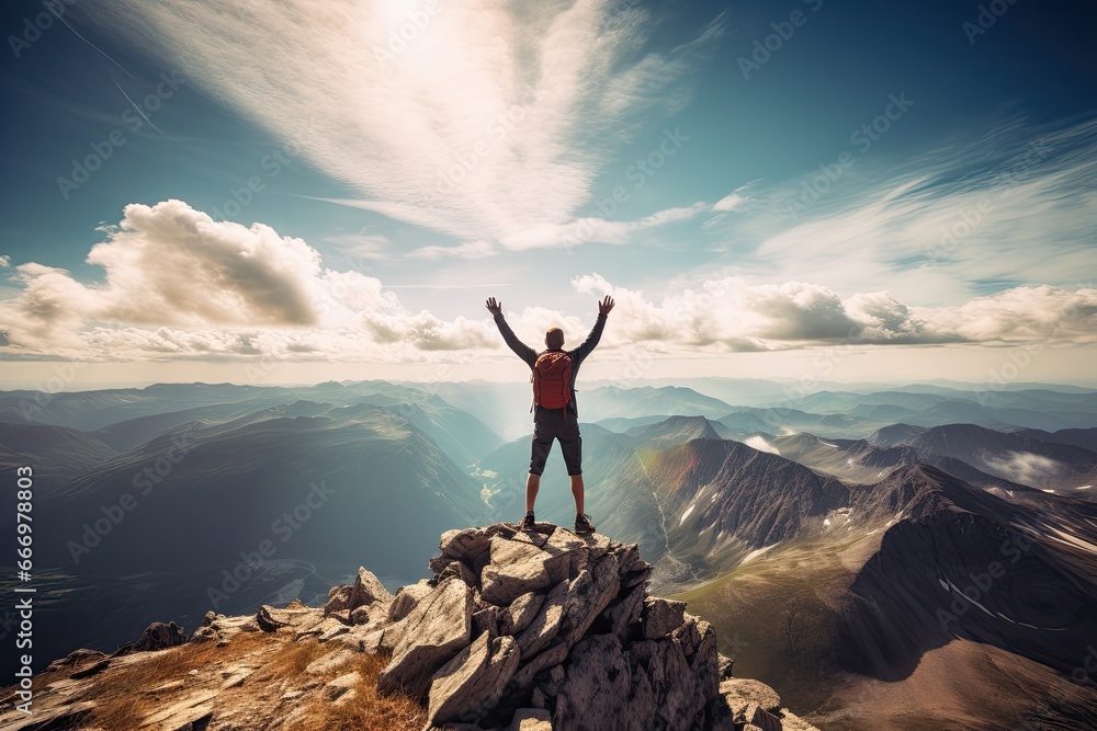 Hiker standing on top of a mountain and raising his hands up, Hiker ...