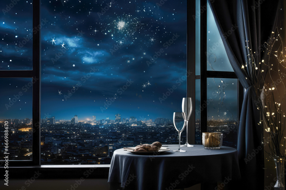 Starry sky through window in the room, Midnight on New Year's Eve ...