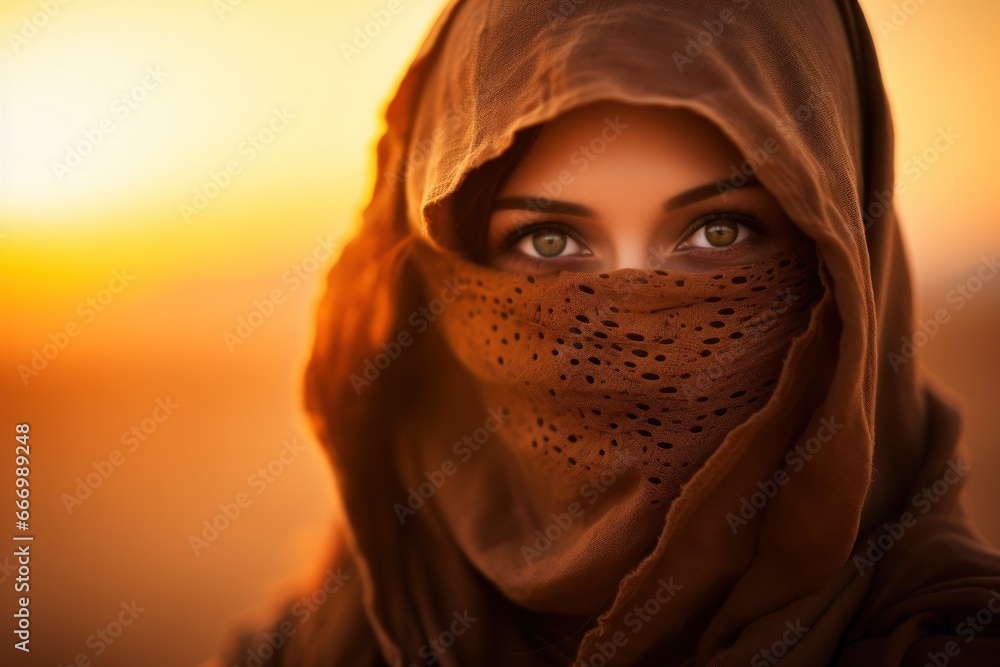 The enigmatic woman's piercing gaze, hidden behind a brown scarf, draws ...