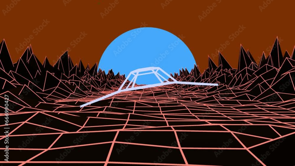 Seamless loop retro 1980s animation with starship silhouette flying ...