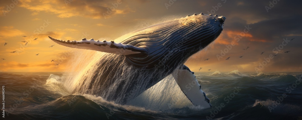 In a vibrant display of nature's majesty, a massive whale bursts from ...