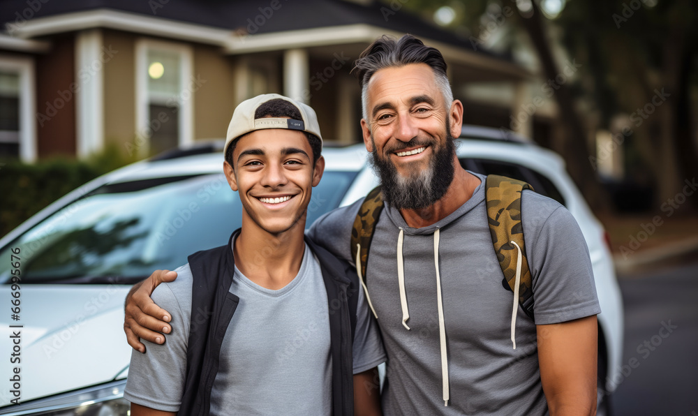 Family Milestone: Father and Son Pose Next to the Young Man's First Car ...