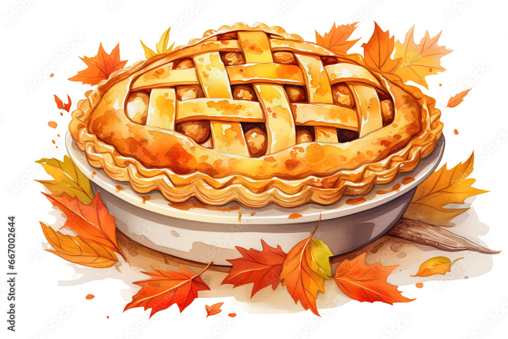 Colorful Autumn Apple Pie Watercolor Illustration Clip Art, isolated on ...