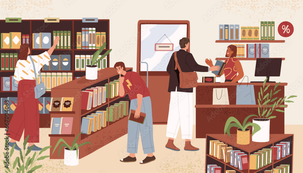 Vector image of bookstore indoor view. Book shop with buyers sign ...