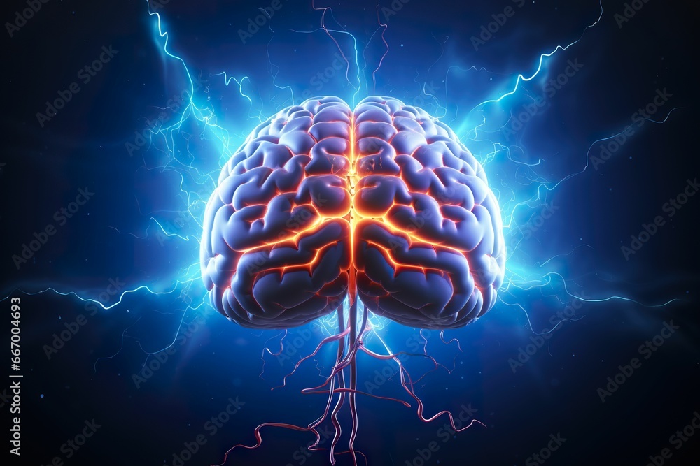 Digital illustration of human brain. Electrical activity, flashes and ...