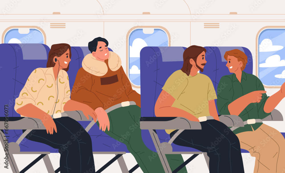 Indoor view of airlane journey or plane trip. Vector cartoon ...