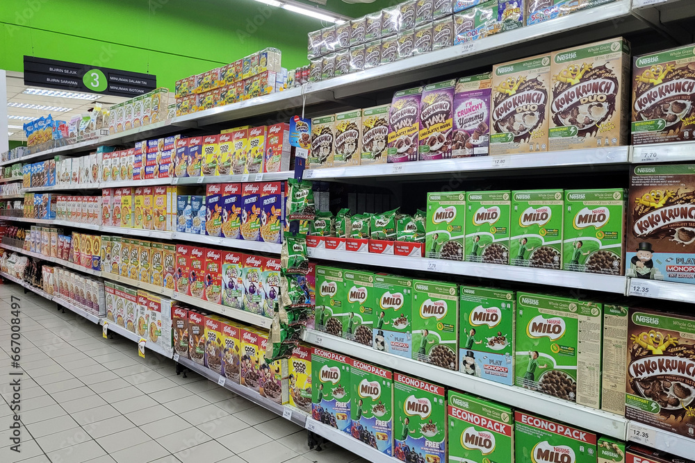 PENANG, MALAYSIA - 12 OCT 2023: A wide selection of flavored breakfast ...
