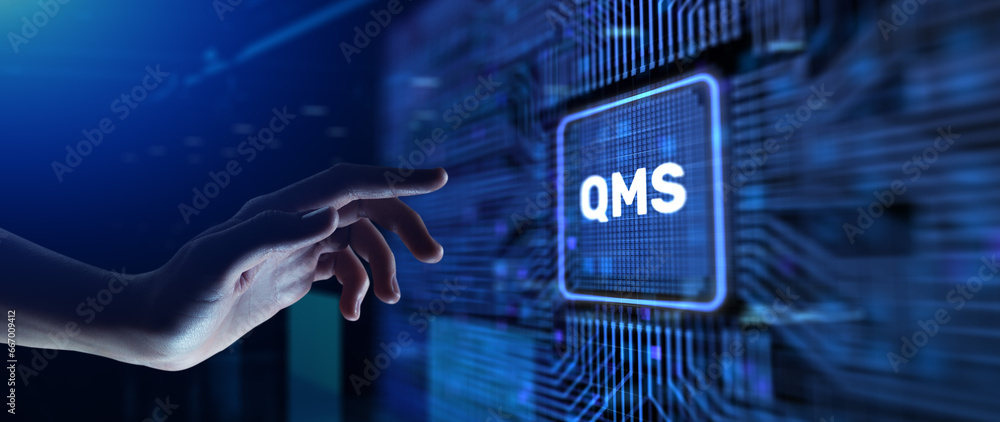 QMS Quality management system. Hands pressing button virtual screen ...