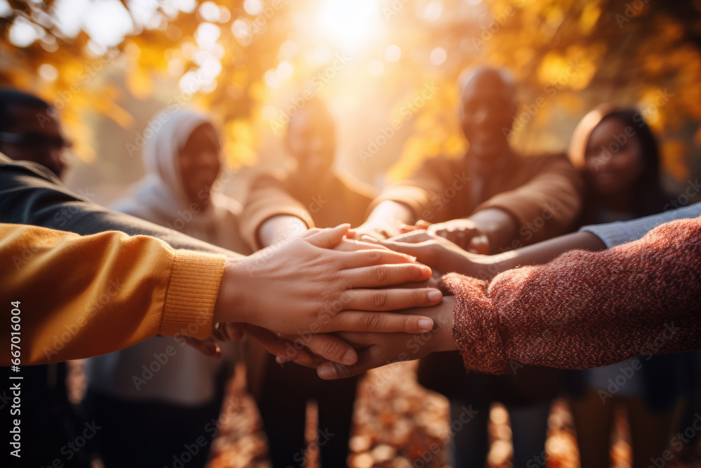 Group of mix race people joining hands together in a circle supporting ...