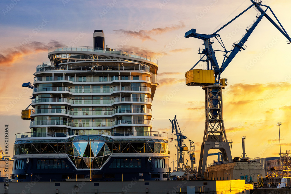 Scenic back view large modern luxury cruise ship liner under ...