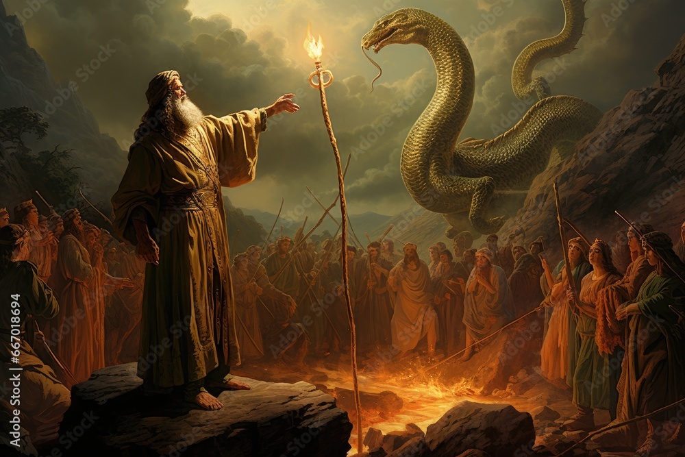 Moses and the serpent staff miracle - biblical story Stock Photo ...