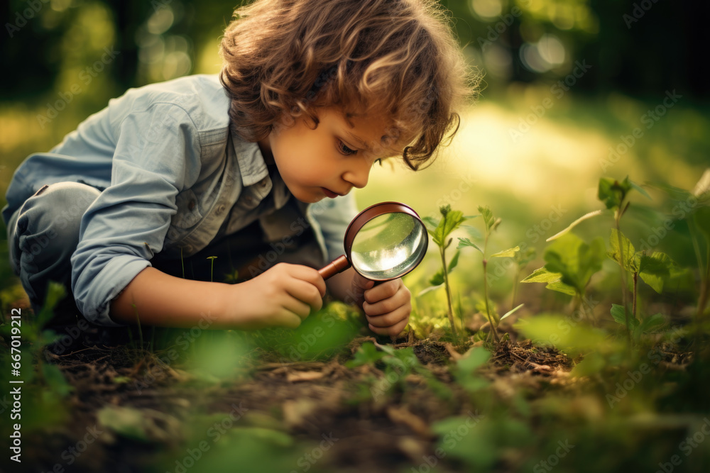 Curious child with a magnifying glass inspecting nature - Learning and ...