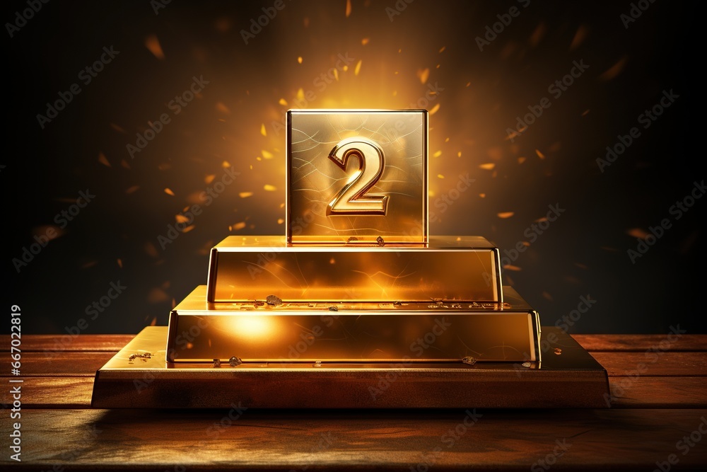 Gold trophy for runner-up. The number two is on a golden pedestal ...